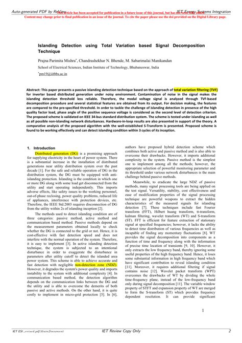 Pdf Islanding Detection Using Total Variation Based Signal Decomposition Technique
