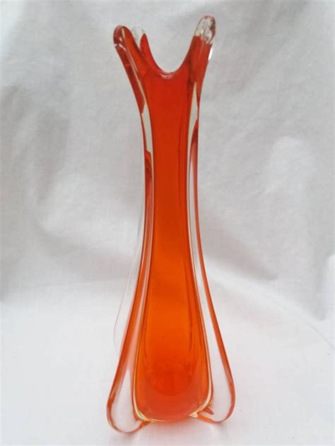 Vintage Murano Vase In Red Orange Encased Glass Uranium Green Under Uv