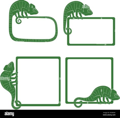 Set Of Illustrations With Green Chameleon Isolated Vector Objects On A