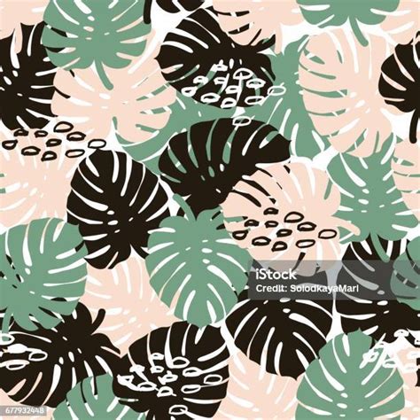 팜 지 손으로 유행 원활한 패턴을 그려 요소 Monstera 잎 배경입니다 직물 섬유 벡터 일러스트 레이 션에 대 한 좋은 0명에 대한 스톡 벡터 아트 및 기타 이미지