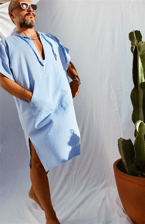 Mens Caftan Linen Cotton Short Kaftan Robe For Surfers Caftan