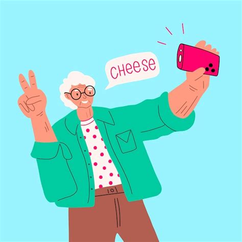 인터넷 휴대 전화를 사용하는 현대 노부 할머니 스마트 폰으로 셀카를 찍는 노인 세대 온라인 평면 그래픽 벡터 일러스트 노인 은퇴 및 사람들 개념 프리미엄 벡터