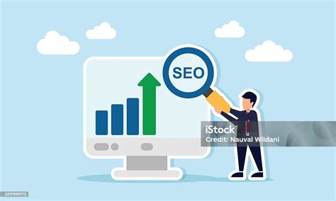 모니터 옆에 서 있는 사업가가 키워드 최적화로 인해 증가하는 시장 판매 그래프의 Seo 텍스트 그림이 있는 돋보기를 들고 있는 상승 그래프를 보여주고 있습니다 감시에 대한