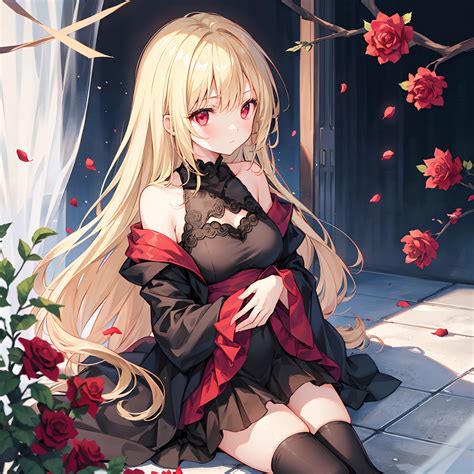 배경에 장미를 들고 선반에 앉아 있는 애니메이션 소녀 Seaart Ai