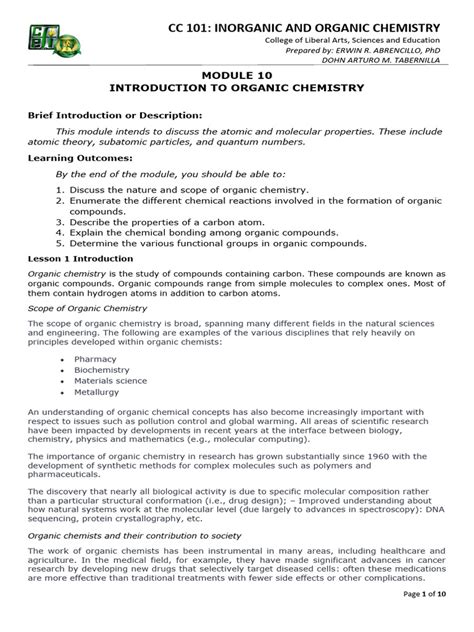 Podc0lcyscc101 Module 10 Introduction To Organic Chemistry Pdf