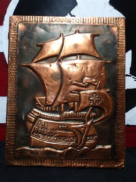 Hand Made Hammered Copper On Wood Sailing Ship Etsy