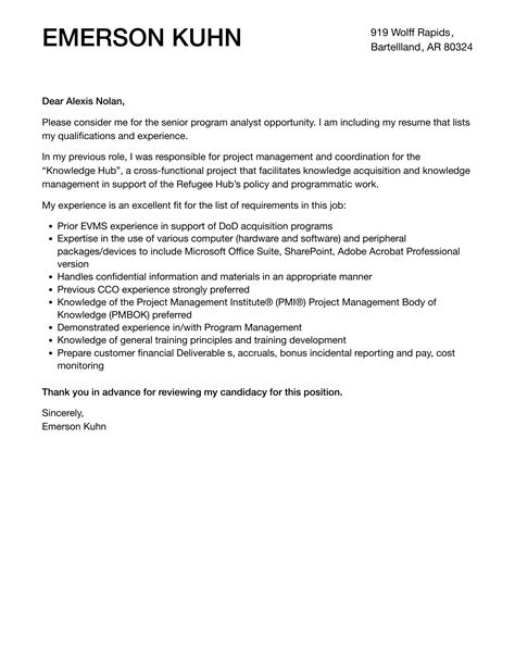 Senior Program Analyst Cover Letter Velvet Jobs