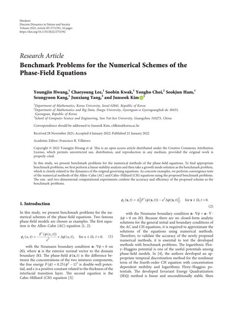 Pdf Benchmark Problems For The Numerical Schemes Of The Phase Field