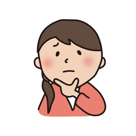 顎に手を当てて考える困り顔の女の人の無料 フリー イラスト かわいい手描きの無料素材「てがきっず」保育園・小学校・介護施設にぴったりの