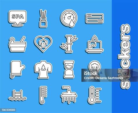 세트 라인 사우나 온도계 마사지 아로마 촛불 양동이 국자 스파 살롱과 대나무 아이콘 벡터 건강관리와 의술에 대한 스톡 벡터 아트 및 기타 이미지 Istock