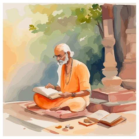 Indian Priest Performing Ritual Reciting Mantras Watercolour Vector