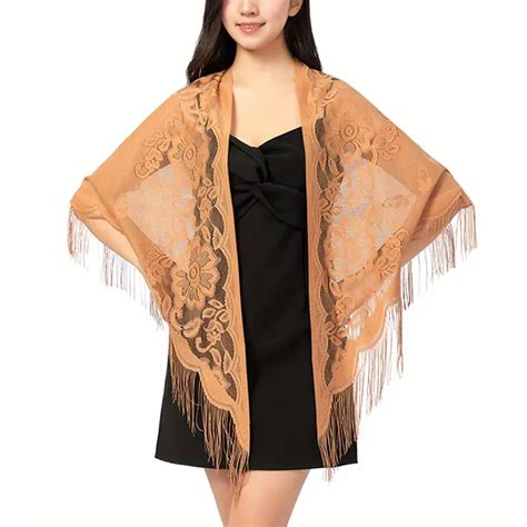 Lace Hollow Scarf Jacquard Floral Tassel Shawl Temu