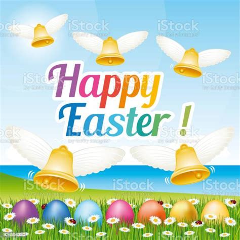 아름 답 고 다채로운 행복 한 부활절 인사말 카드 부활절 달걀과 종소리와 함께 벡터 일러스트 레이 션 Ii 4월에 대한 스톡 벡터 아트 및 기타 이미지 Istock