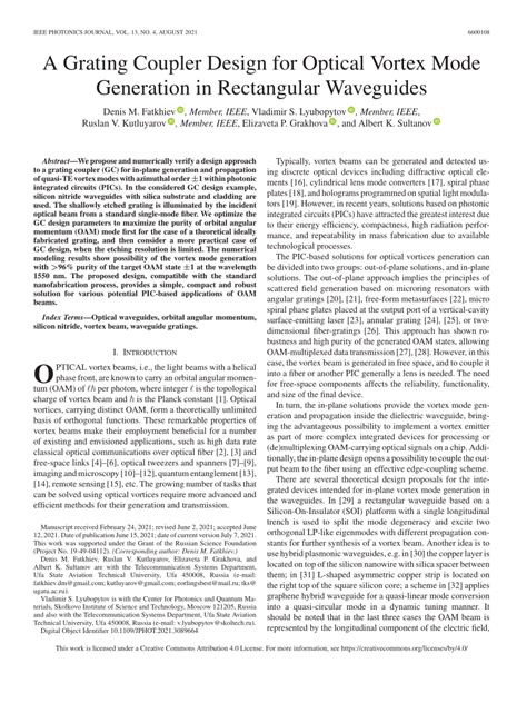 Pdf A Grating Coupler Design For Optical Vortex Mode Generation In Rectangular Waveguides