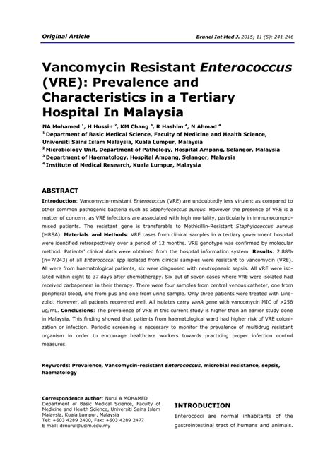 Pdf Vancomycin Resistant Enterococcus Vre Prevalence And Characteristics In A Tertiary