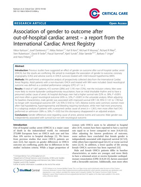 Pdf Association Of Gender To Outcome After Out Of Hospital Cardiac