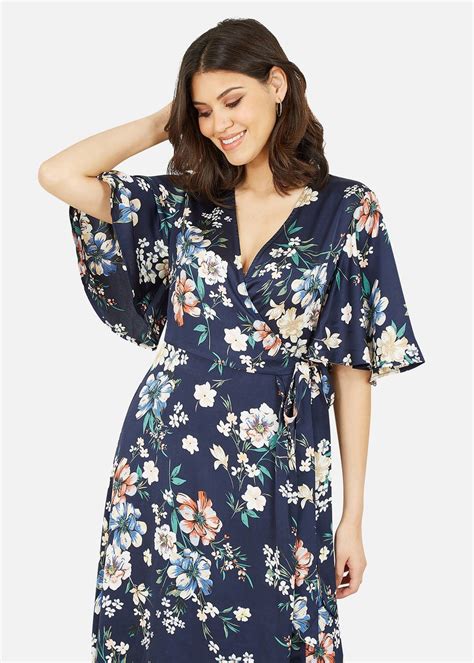 Yumi Navy Cluster Floral Satin Wrap Dress Matalan