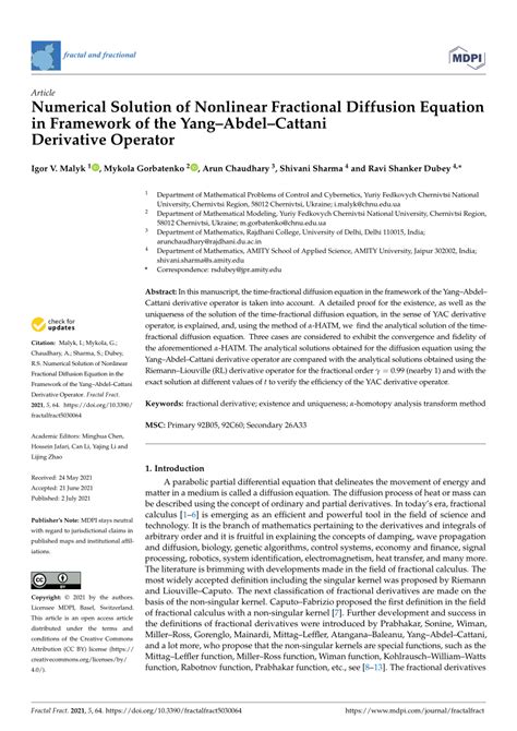 Pdf Numerical Solution Of Nonlinear Fractional Diffusion Equation In Framework Of The Yang