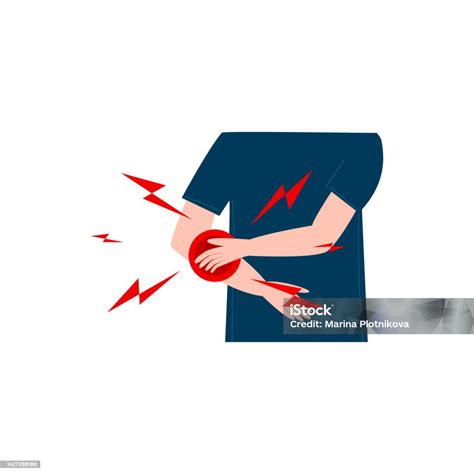 흰색 배경에 평평한 디자인으로 팔 통증이있는 여성 또는 남성 신체적 상해 근육 또는 뼈 문제 벡터 일러스트레이션 손에 대한 스톡