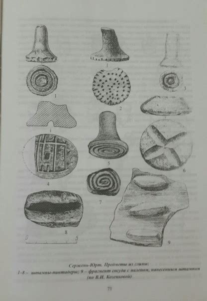 Сержень юрт Предметы из глины 1 8 штампы пинтадеры 9 фрагмент сосуда с налепом нанесенным