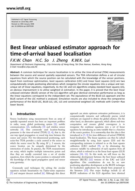 Pdf Best Linear Unbiased Estimator Approach For Time Of Arrival Based Localisation