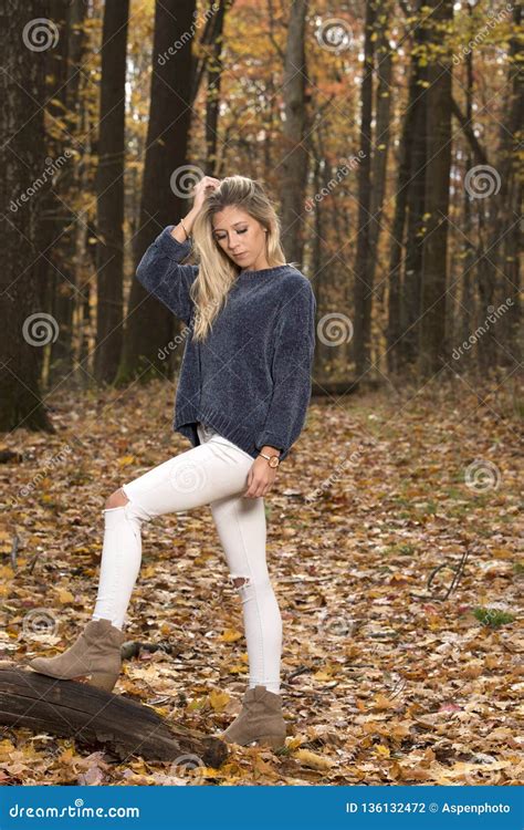 Beautiful Blonde Woman Poses In Blue Sweater In Autumn Woods Stock