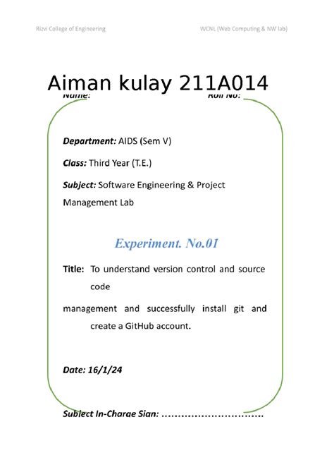 First Sepm Sem5 Exp1 Aiman Kulay 211a Experiment No 1 Aim To Understand Version Control And
