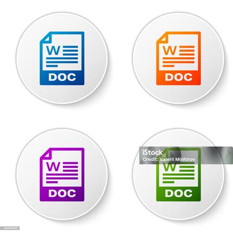 ไอคอนเอกสารไฟล์ Doc สี ไอคอนปุ่มดาวน์โหลดเอกสารแยกอยู่บนพื้นหลังสีขาว สัญลักษณ์นามสกุลไฟล์