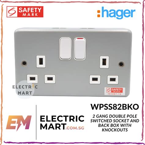 Hager WPSS82BKO 13A 2 Gang Double Pole Switched Socket And Back Box With Knockouts Metalclad