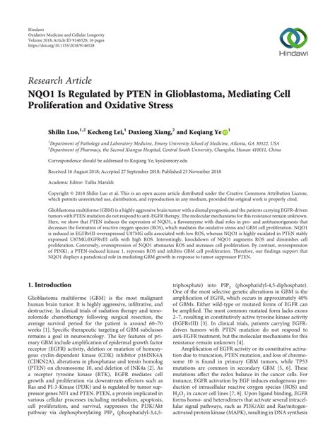 Pdf Nqo1 Is Regulated By Pten In Glioblastoma Mediating Cell