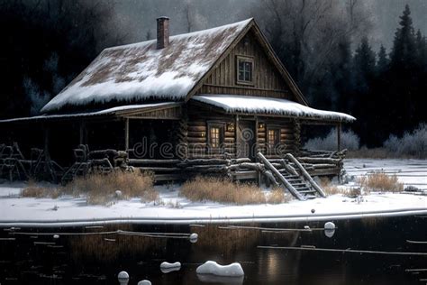 Ai Generated Illustration Of A Mystical Wooden Cabin By A Lake And A