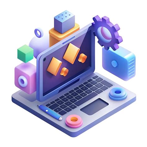 A Vibrant And Colorful Isometric Illustration Of A Modern Laptop With Floating Geometric Shapes