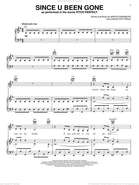 Clarkson Since U Been Gone Sheet Music For Voice Piano Or Guitar