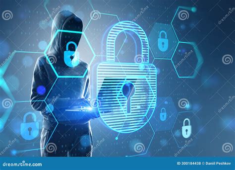 Hacker Using Laptop With Glowing Hexagonal Padlock Hologram With Binary