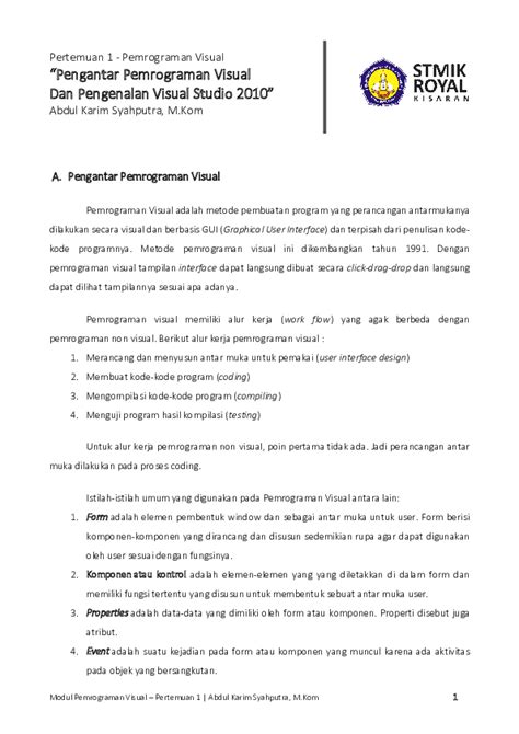 Pdf Pemrograman Visual Pengantar Pemrograman Visual Dan Pengenalan