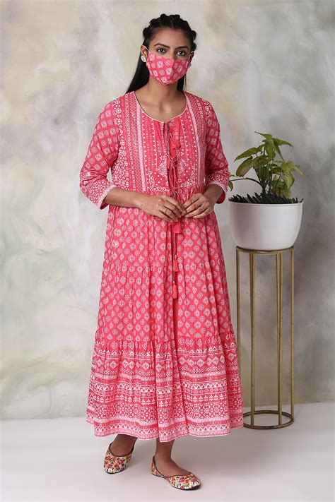 Pink Cotton Double Layered Printed Kurta Dress At Biba India