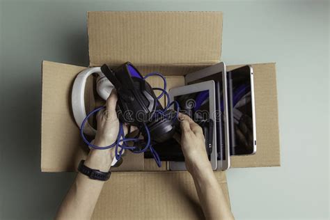 Woman Hand Collect Old Used Computers Digital Tablets Smartphones