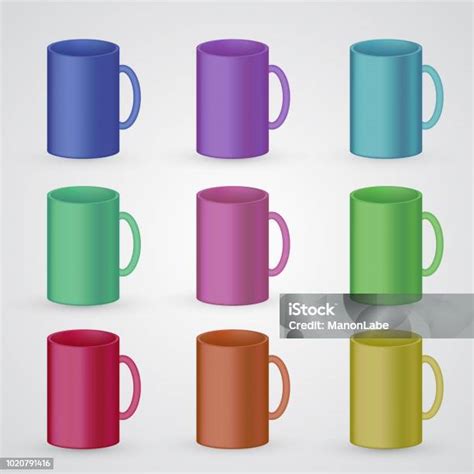 커피 컵 클래식 실린더 모양 머그컵 흰색 절연의 집합입니다 멀티 컬러 컬렉션 브랜드에 대 한 빈 공간을 가진 음료 용기입니다 개체 그룹에 대한 스톡 벡터 아트 및 기타