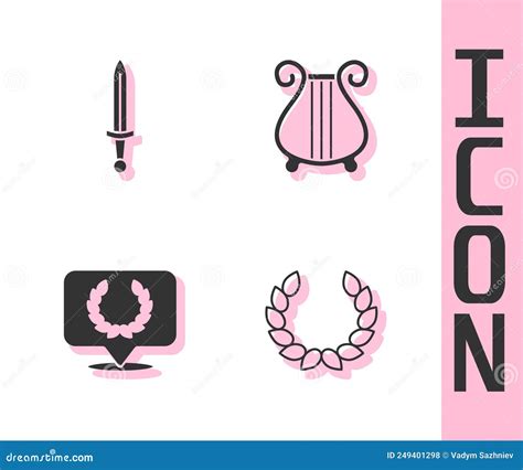 Set Laurel Wreath Medieval Sword And Ancient Lyre Icon Vector Stock