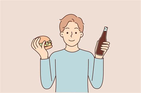 햄버거와 탄산음료를 든 남자는 패스트푸드 스낵이나 맛있는 샌드위치가 있는 길거리 레스토랑을 제공합니다 Health에 대한 스톡 벡터 아트 및 기타 이미지 Istock