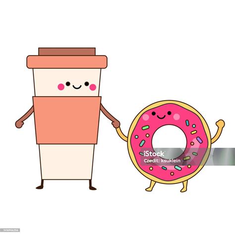 만화 커피 컵과 손을 잡고있는 도넛 귀여운 재미있는 음식 친구 캐릭터 카와이 친절한 식사 귀여운에 대한 스톡 벡터 아트 및 기타