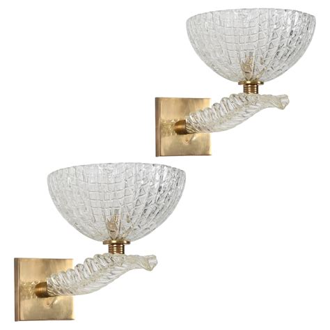 Huge Pair Of Barovier Murano Leaf Glass And Brass Sconces Italy 1950s