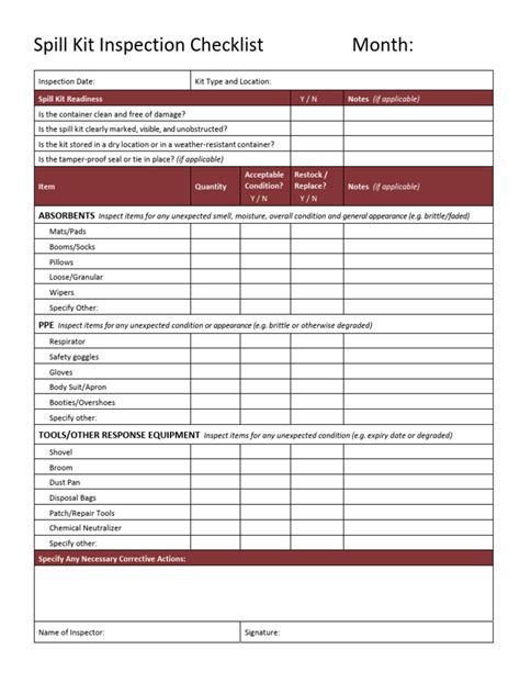 Spill Kit Inspection Checklist Pdf