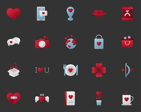 발렌타인 데이 아이콘 사랑 마음 세트 프리미엄 벡터
