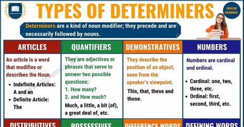 Determiner Types Of Determiners With Useful Examples Esl Grammar