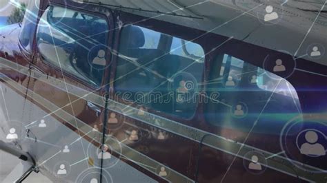 Network Of Connections And Social Media Icons Animation Over Airplane Windows Stock Video