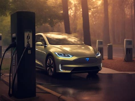 흐릿한 Nat에 전원 케이블 공급 장치가 연결된 충전소의 Ev 자동차 또는 전기 자동차 프리미엄 사진