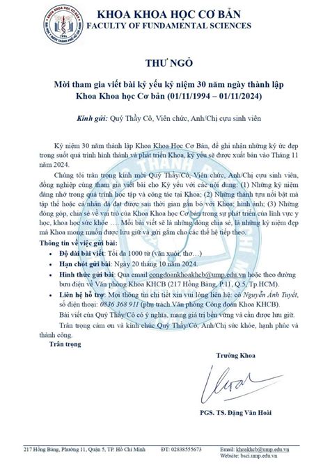 THƯ NGỎ Mời tham gia viết bài kỷ yếu kỷ niệm 30 năm ngày thành lập Khoa