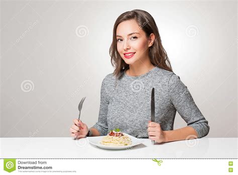 Young Brunette Having Italian Food Stock Image Image Of Looking