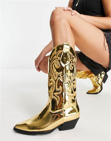 Asos Design Andi Flat Western Boots In Gold Mirror Asos